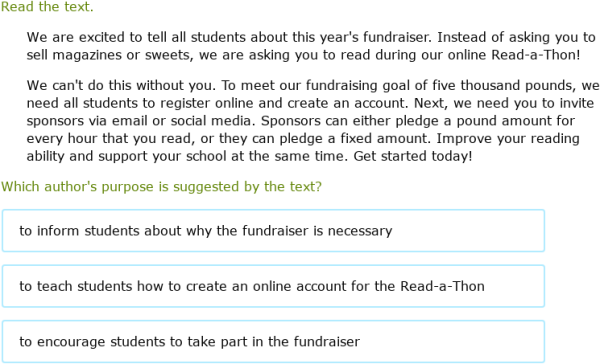 IXL - Identify the author's purpose (6th class English practice)
