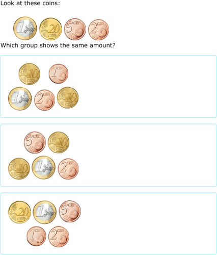 IXL - Equivalent amounts of money - up to €5 (2nd class maths practice)