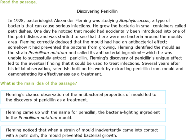 IXL - Determine the main idea of a passage (3rd year English practice)