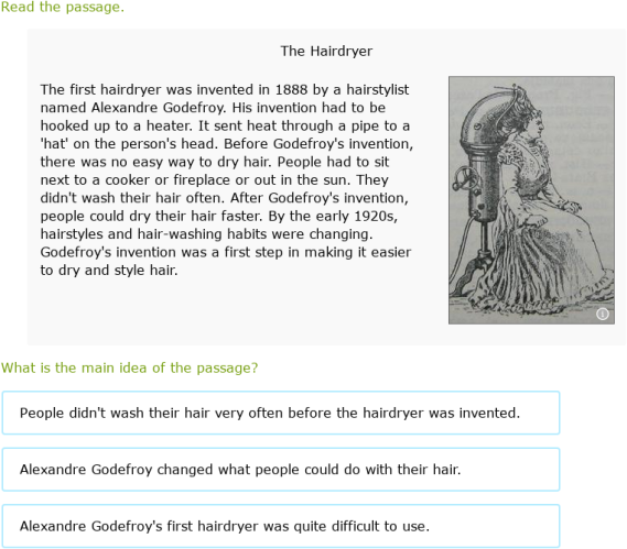 IXL - Determine the main idea of a passage (4th class English practice)