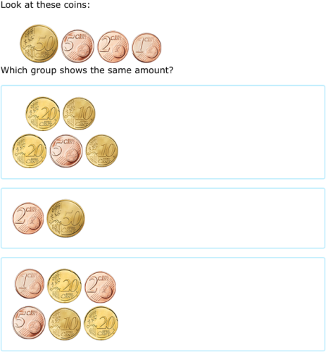 IXL - Equivalent amounts of money - up to €1 (2nd class maths practice)