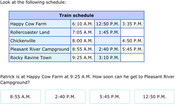IXL - Transportation schedules - 12-hour time (4th class maths practice)