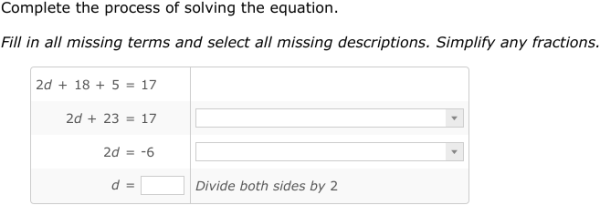 IXL - Solve equations: complete the solution (3rd year maths practice)