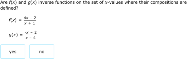 IXL - Check whether two rational functions are inverses (6th year maths practice)