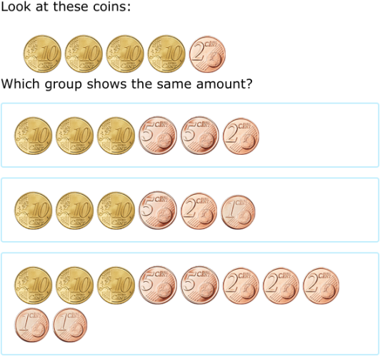 IXL - Equivalent groups of coins (Senior infants maths practice)